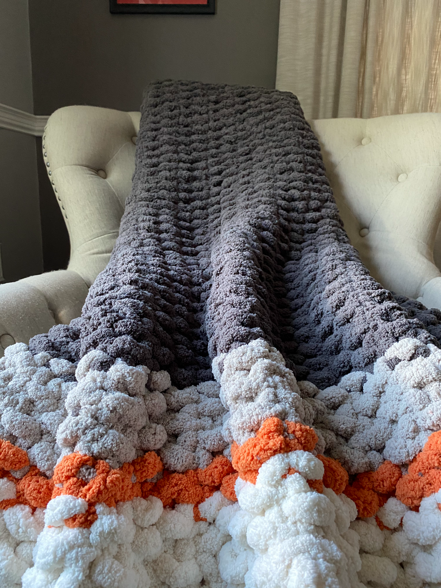 Chunky Knit Fringe Blanket | Gray and Orange Knit Throw – Hands On For ...