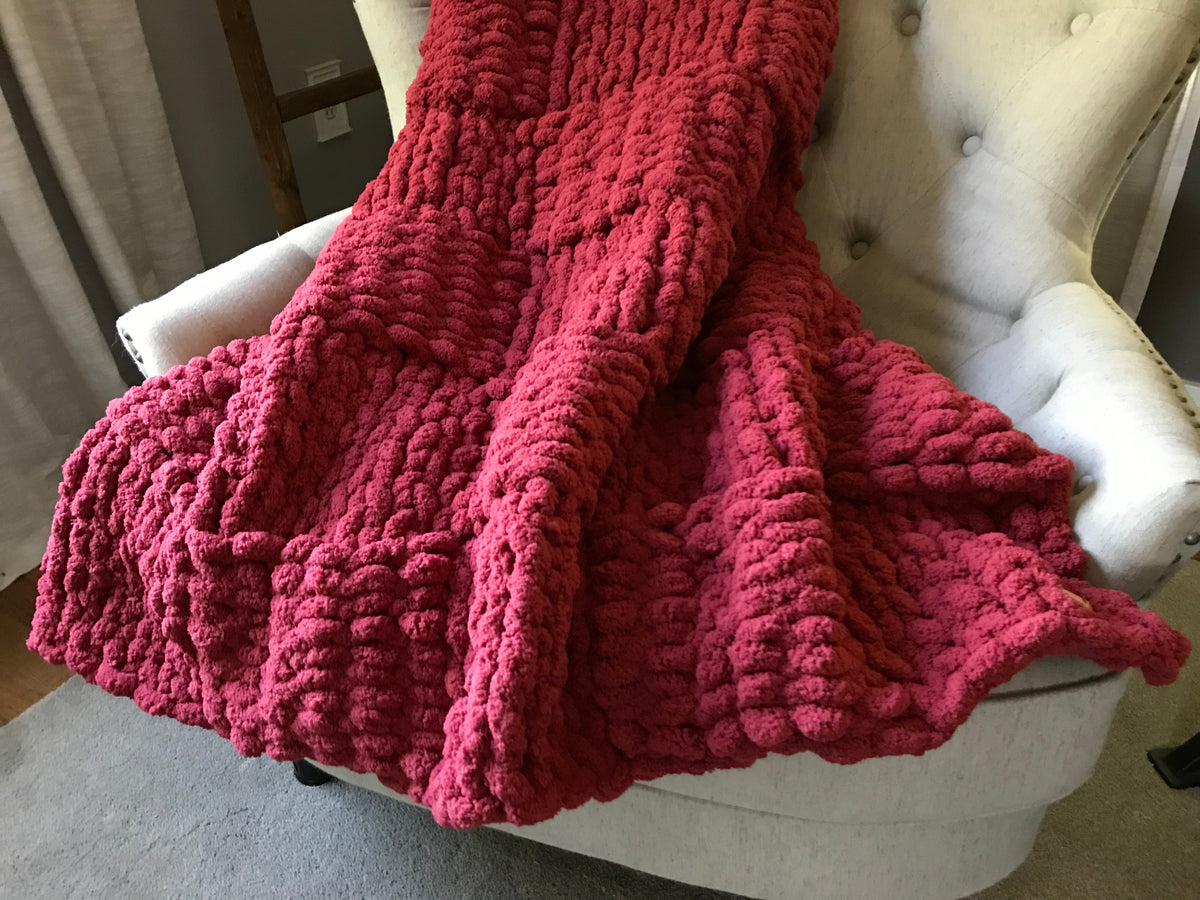 Chunky Knit Blanket | Cranberry Red Knit Throw – Hands On For Homemade